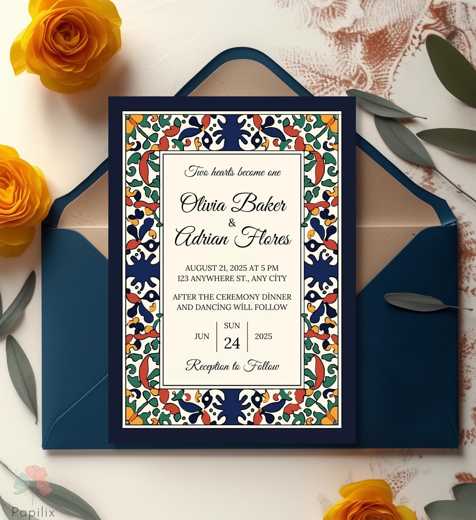 Talavera Tile Wedding Invitation, Mexican Fiesta Invites, Colorful Blue ...