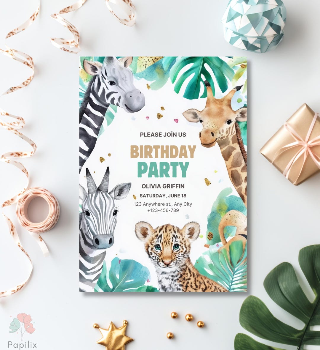 Jungle Safari Animal Birthday Invitation, Watercolor Zebra, Giraffe ...