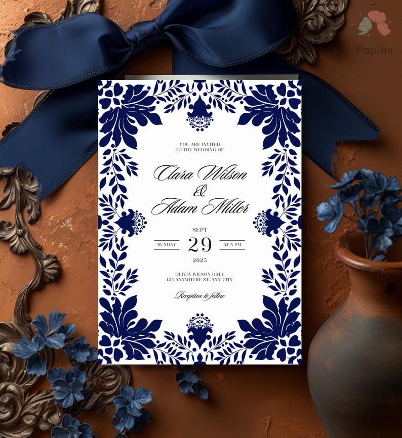 Blue and White Floral Border Invitation, Mexican Talavera Inspired ...