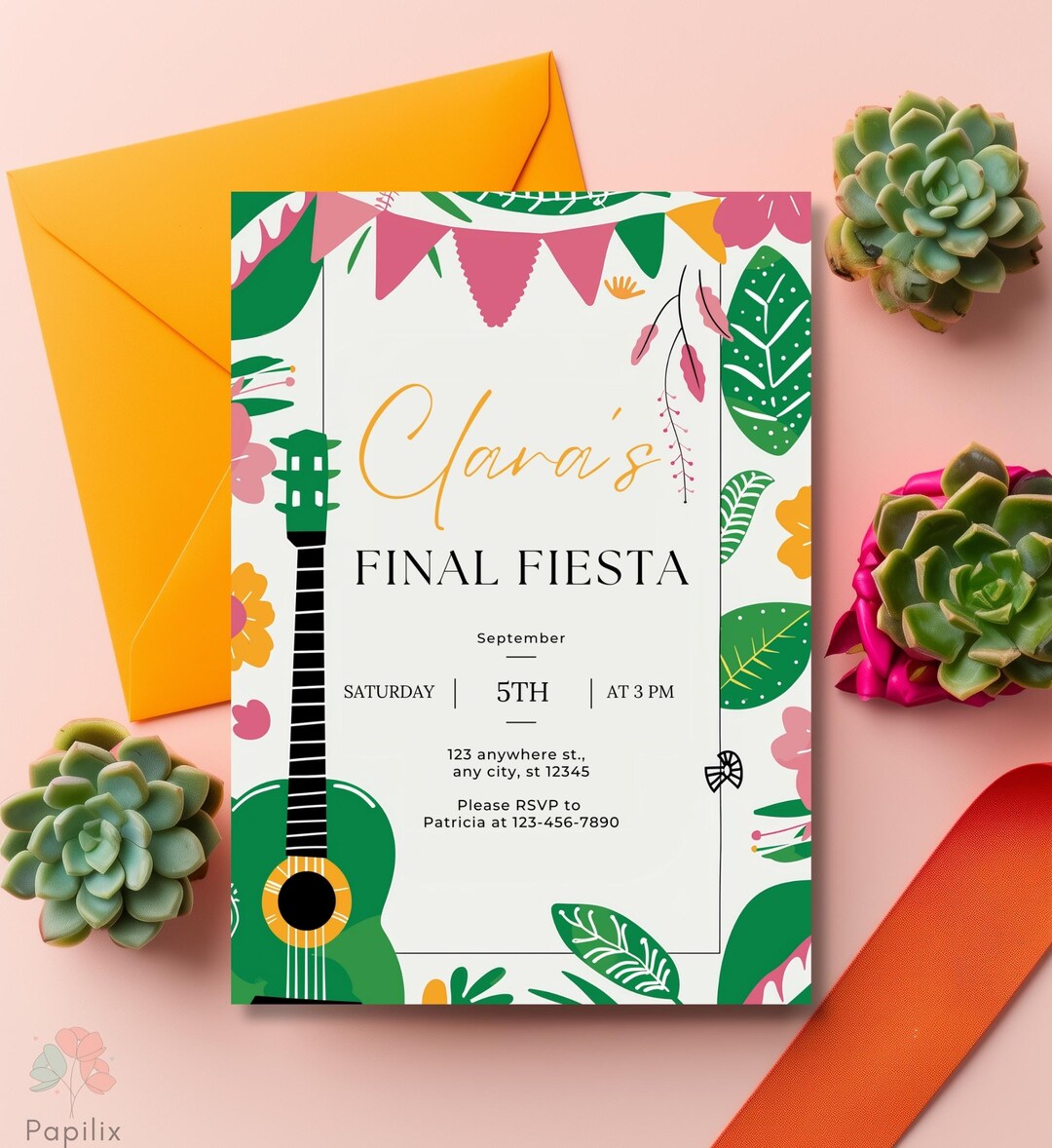 Fiesta Themed Invitation, Mexican Party Invite, Green Guitar and Floral ...