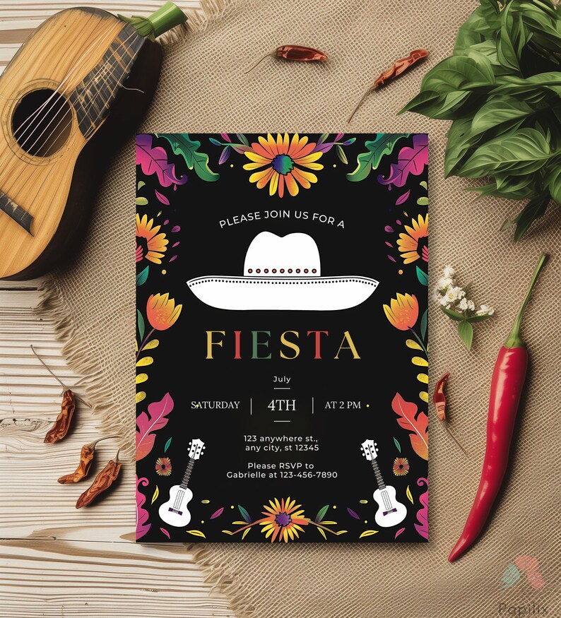 Colorful Fiesta Party Invitation, Mexican Theme, Floral Sombrero Invite ...