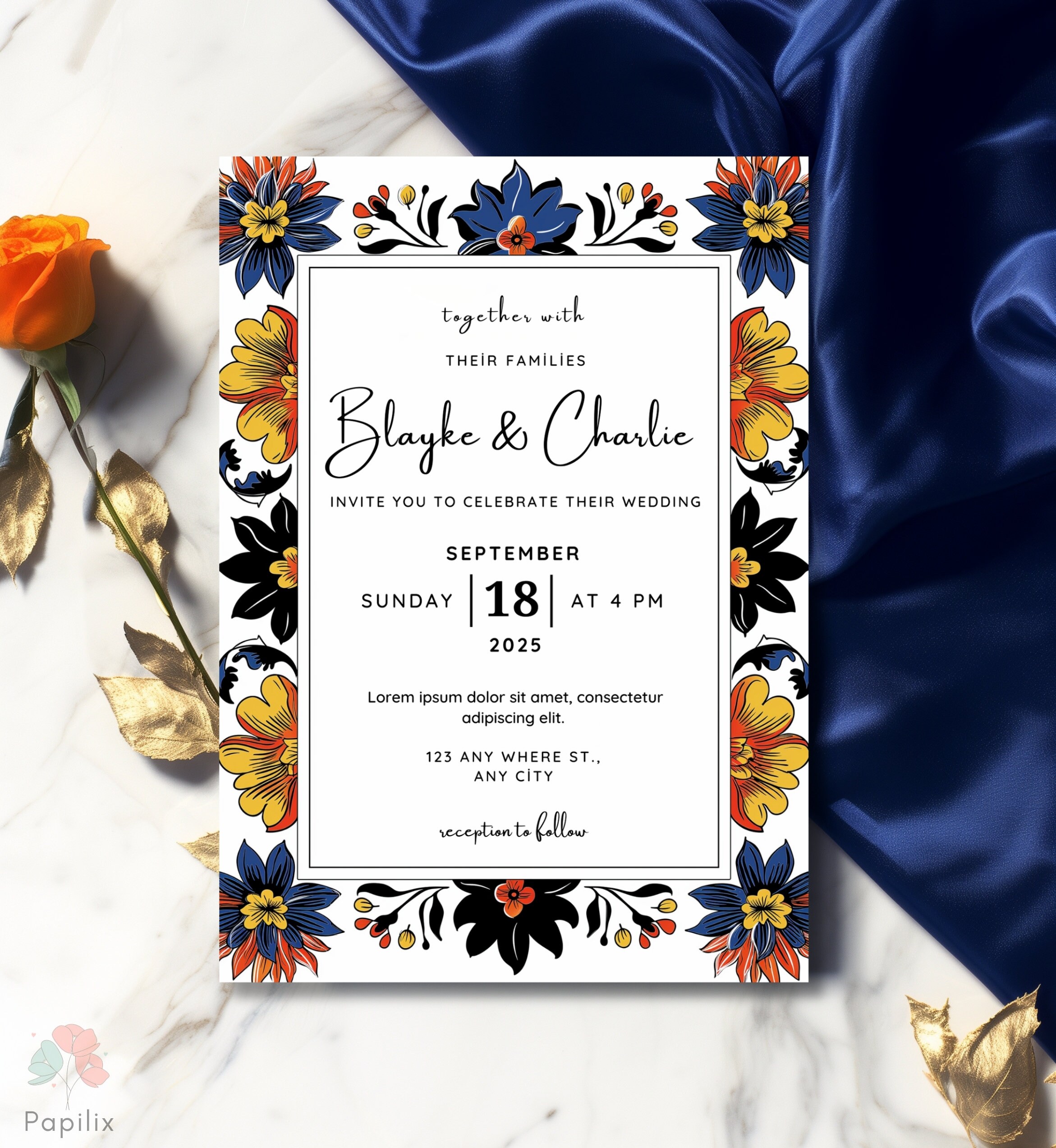 Mexican Wedding Invitation, Talavera Tile Invites, Red and Blue Floral ...