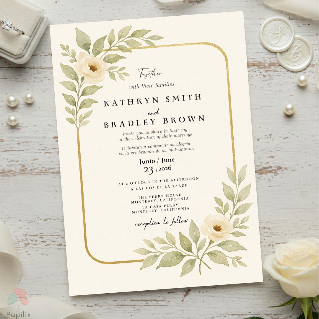 Bilingual Wedding Invitation Template, Sage Green Floral Invite, Beige ...