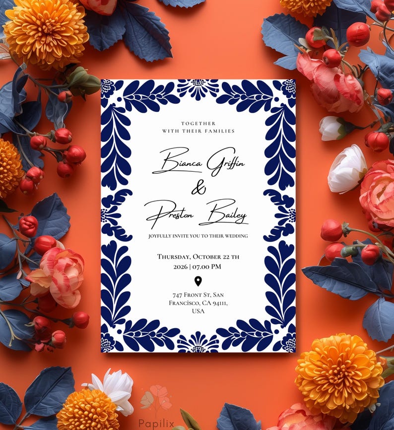Mexican Wedding Invitation, Blue and White Talavera Floral Invite ...