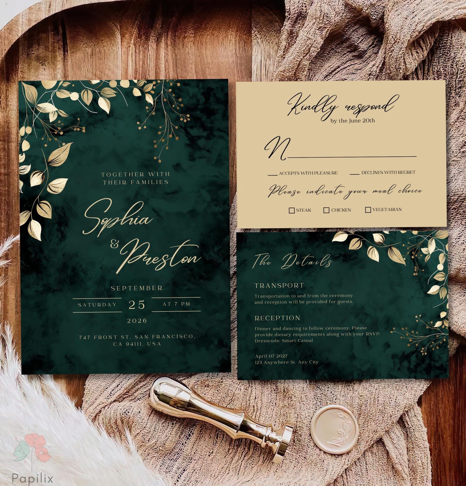 Emerald Green Invitation Set, Elegant Dark Green & Gold Foil Floral ...