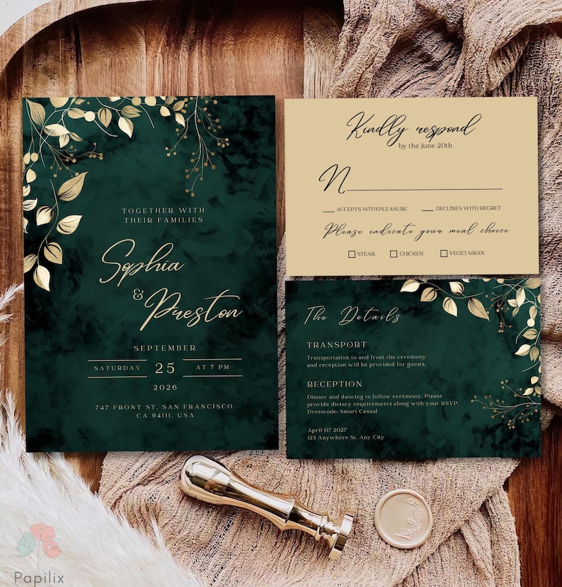 Emerald Green Invitation Set, Elegant Dark Green & Gold Foil Floral ...