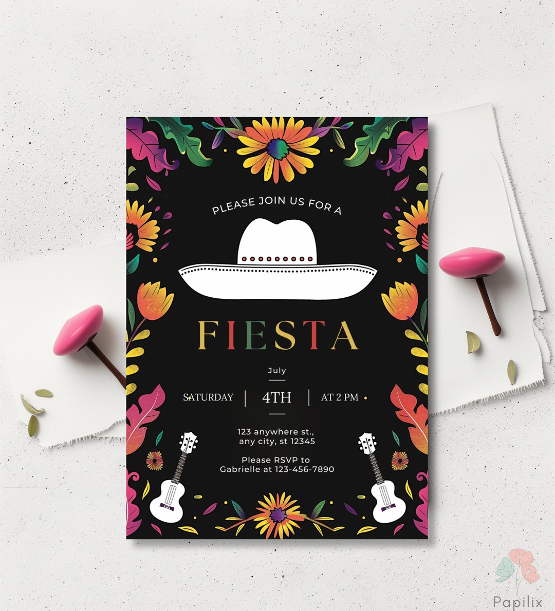 Colorful Fiesta Party Invitation, Mexican Theme, Floral Sombrero Invite ...