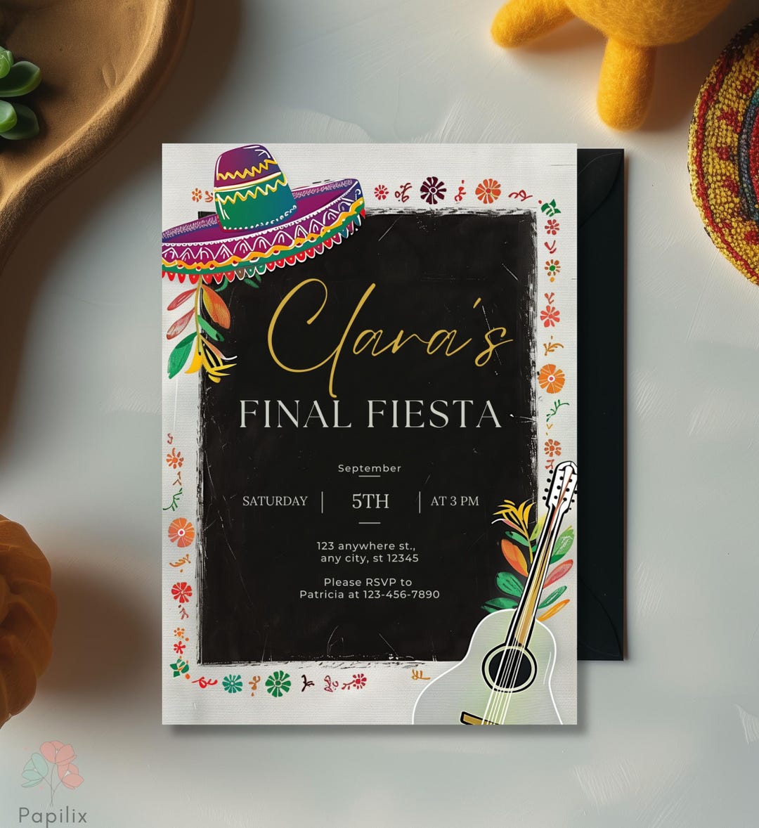Fiesta Invitation, Mexican Party Invite, Sombrero and Guitar Invitation ...