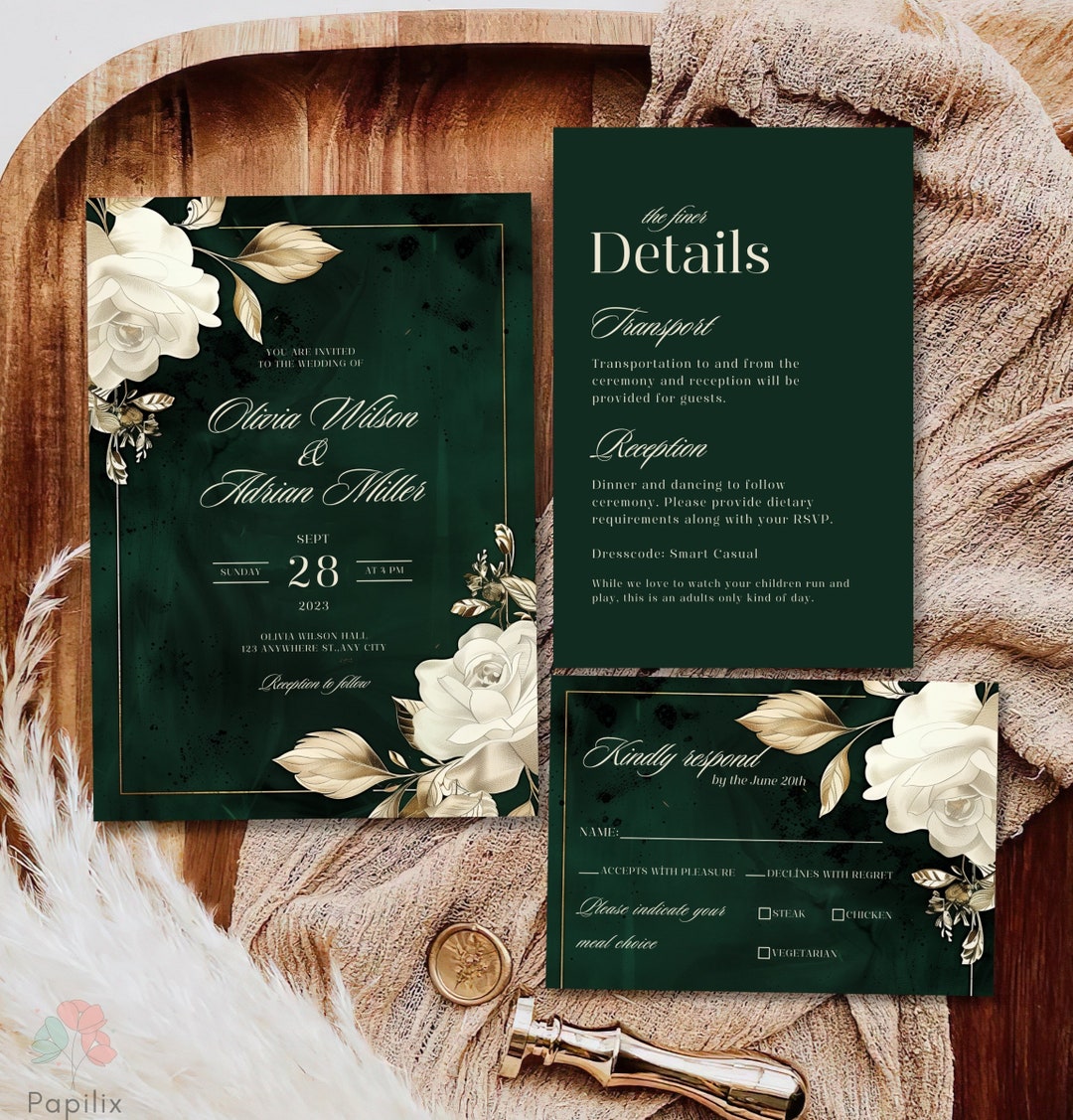 Elegant Dark Green and Gold Wedding Invitation Set, Floral Ivory Rose ...