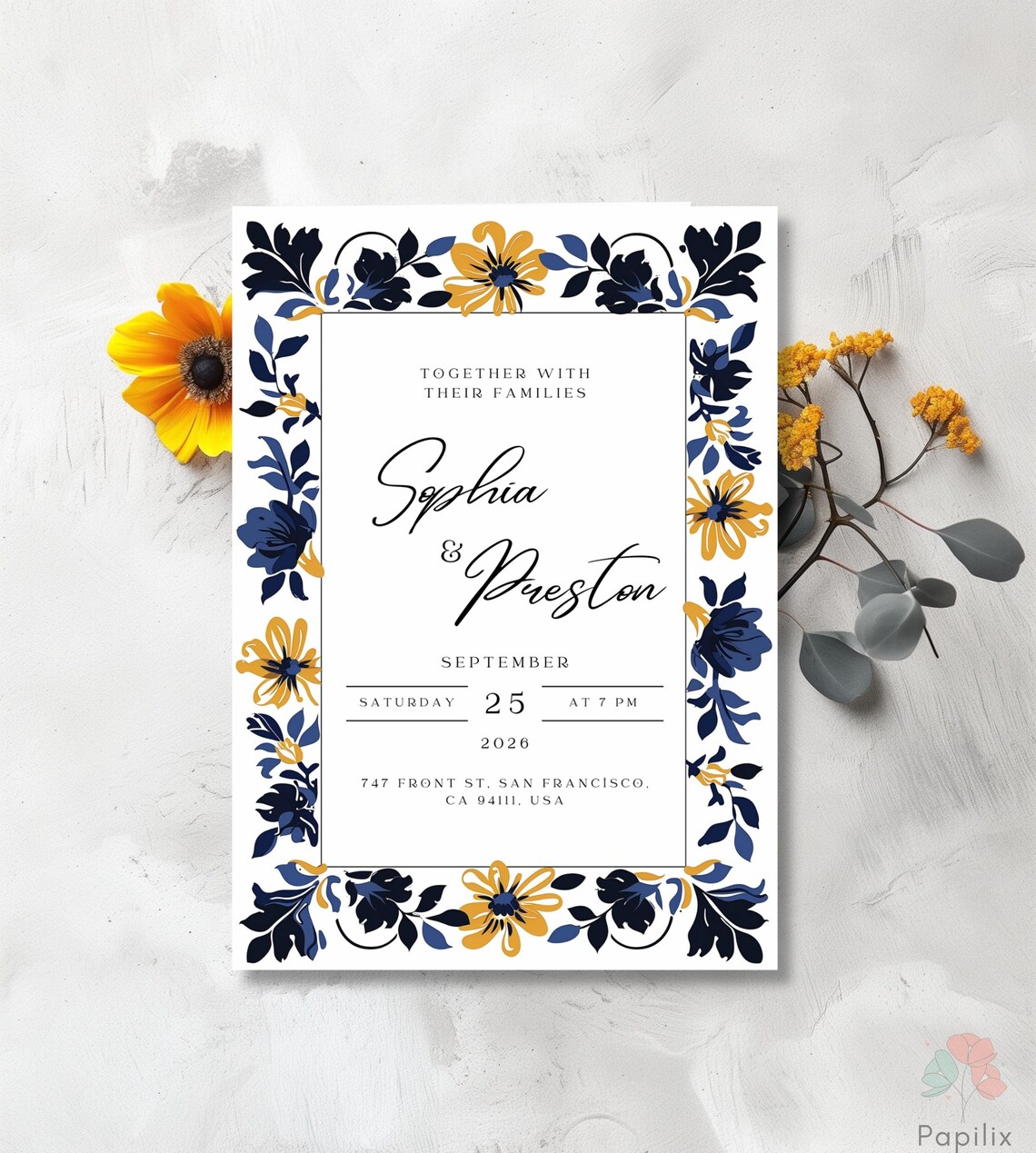 Navy and Gold Floral Wedding Invitation, Elegant Blue and Yellow Invite ...
