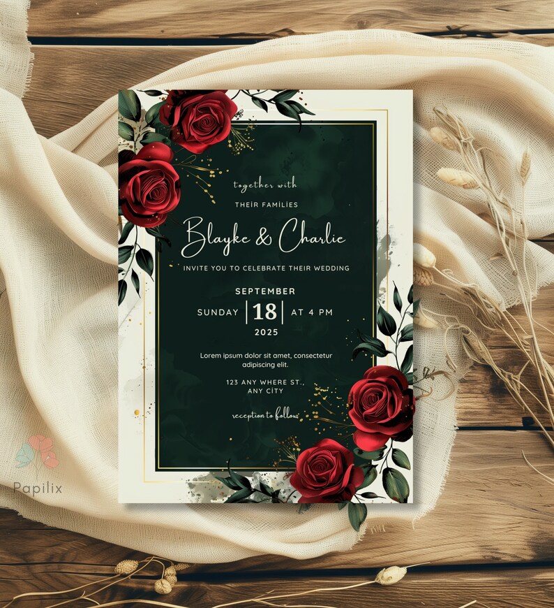 Elegant Emerald Green and Gold Wedding Invitation, Red Rose Floral ...