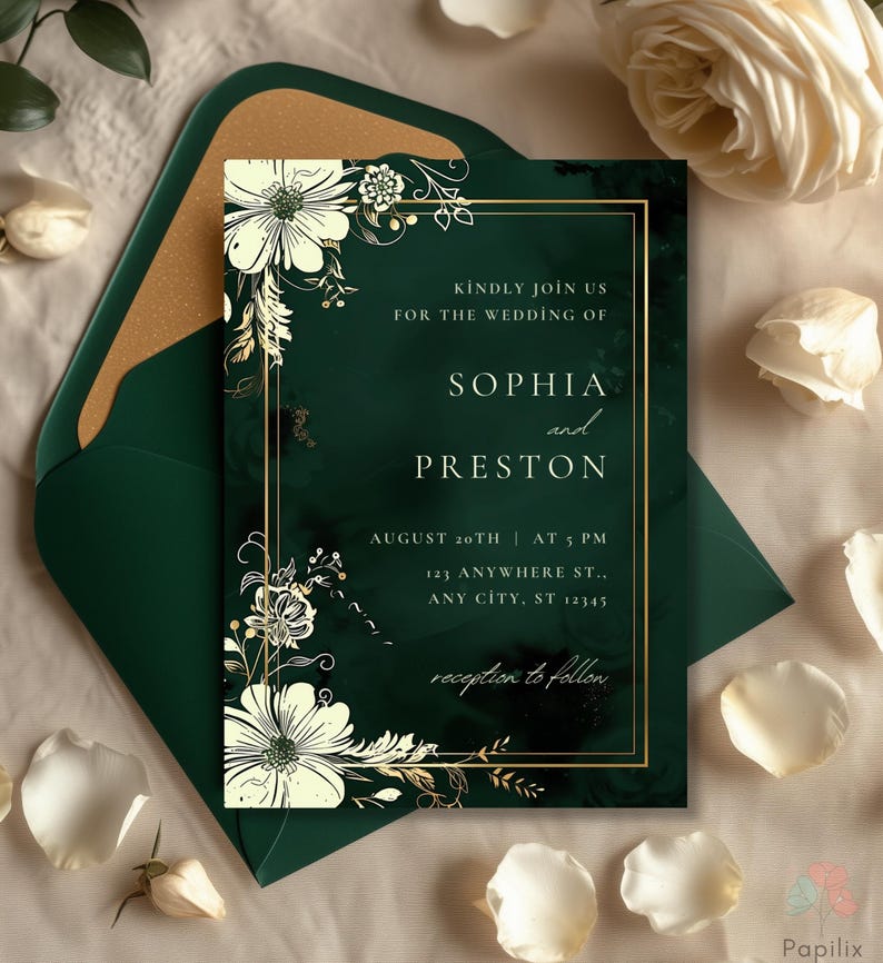 Emerald Green Floral Invitation Template, Gold Frame Invite, Dark Green ...