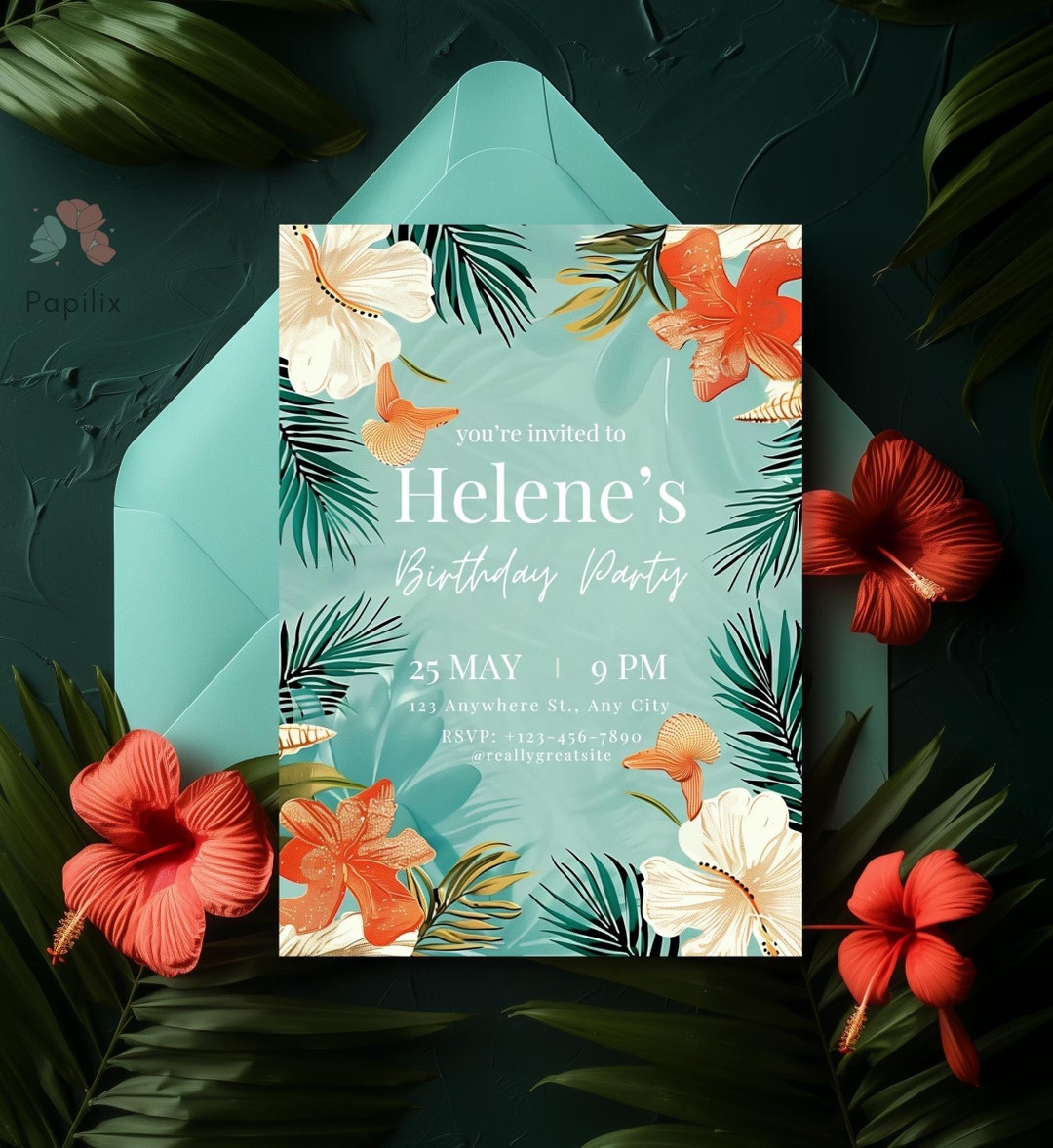 Tropical Flower Birthday Invitation, Hibiscus and Palm Leaf Invite ...