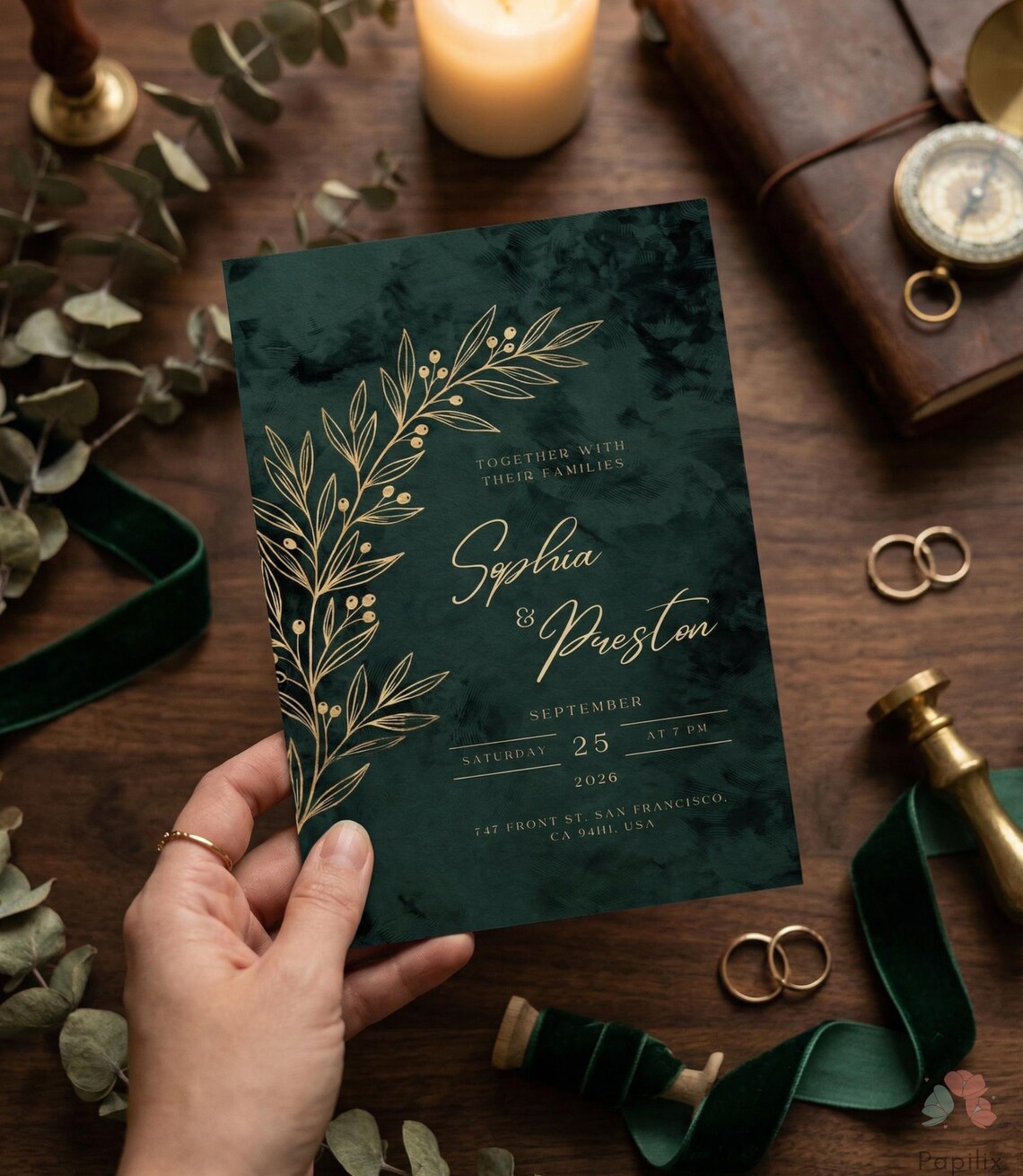 Luxury Emerald Gold Wedding Invitation, Elegant Olive Branch Wedding ...