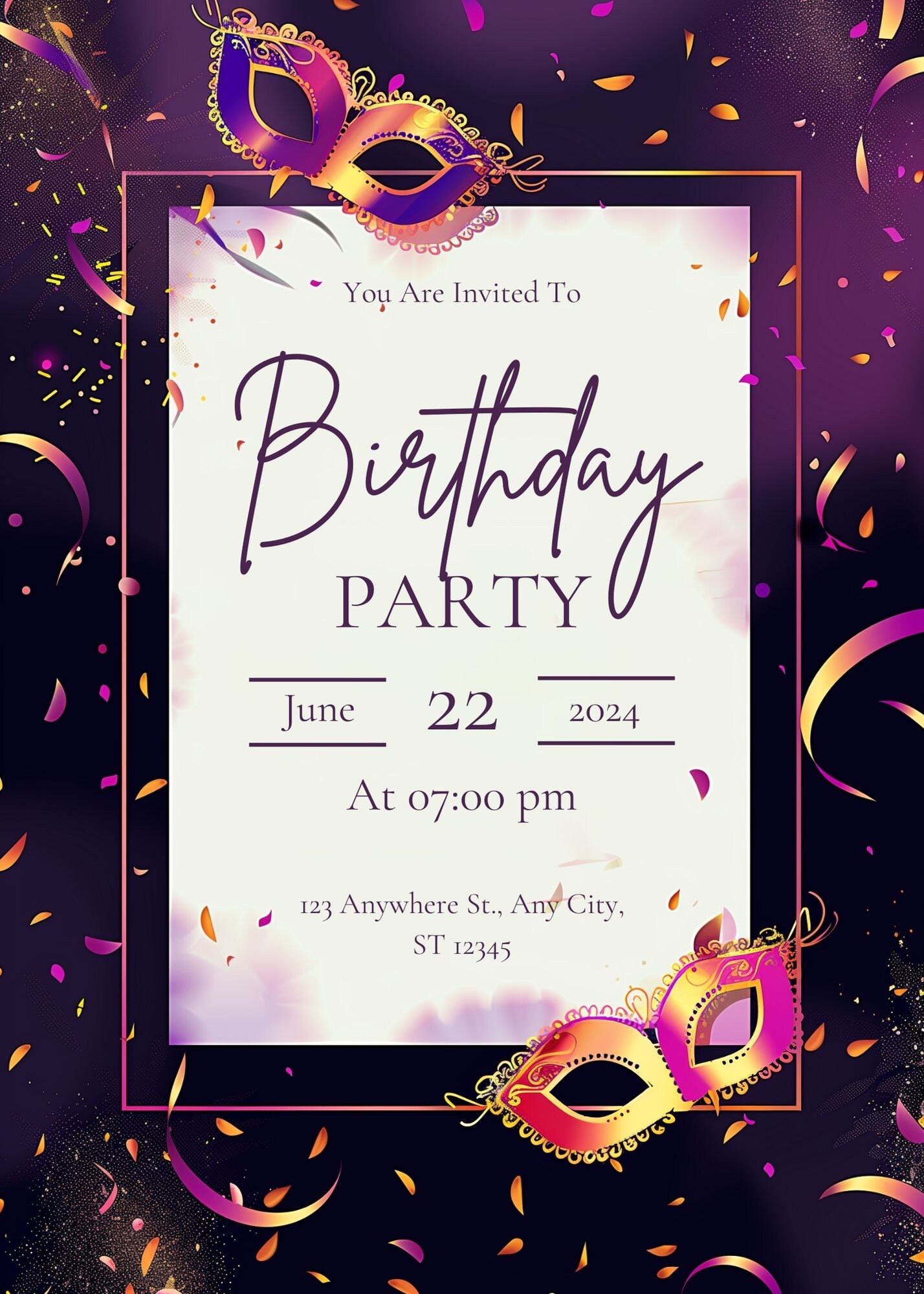 Masquerade Birthday Party Invitation, Purple and Gold Invite, Elegant ...