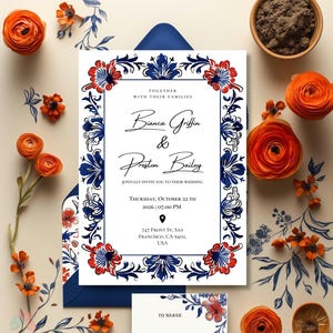 Mexican Folk Art Invitation Template, Blue and Red Floral Border ...