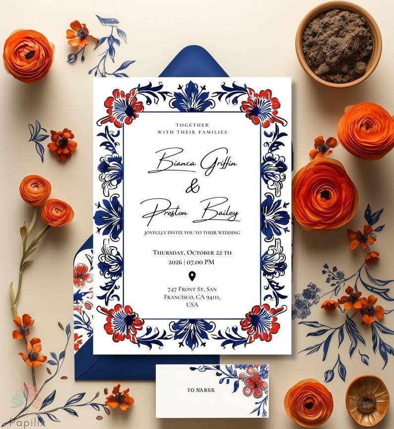Mexican Folk Art Invitation Template, Blue and Red Floral Border ...