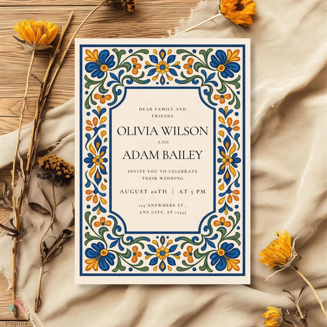 Mexican Wedding Invitation, Talavera Tile Invite, Blue and Yellow ...