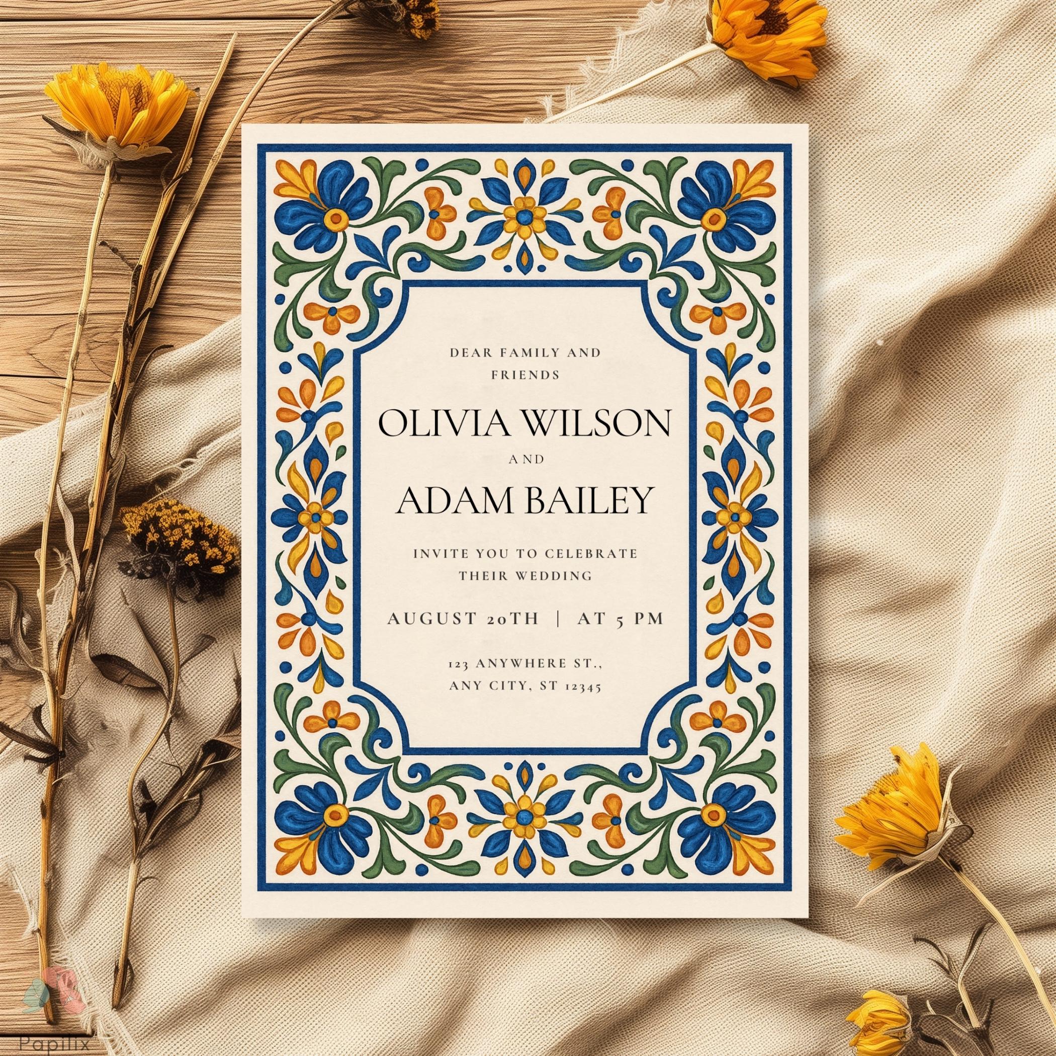Mexican Wedding Invitation, Talavera Tile Invite, Blue and Yellow ...