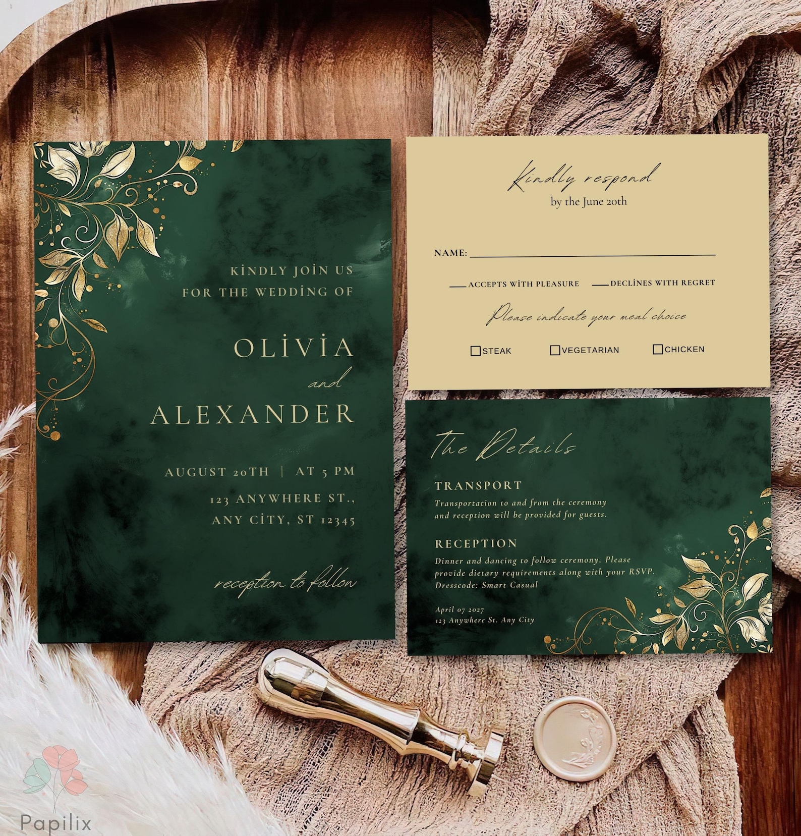 Emerald Green Wedding Invitation Set, Gold Floral Invites, Dark Green ...