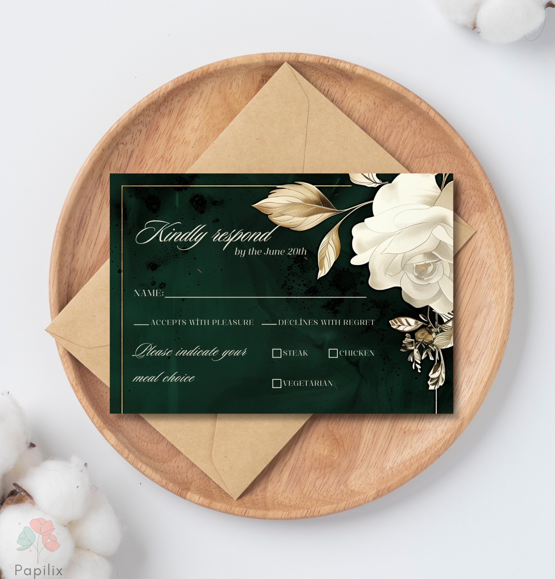 Elegant Dark Green and Gold Wedding Invitation Set, Floral Ivory Rose ...