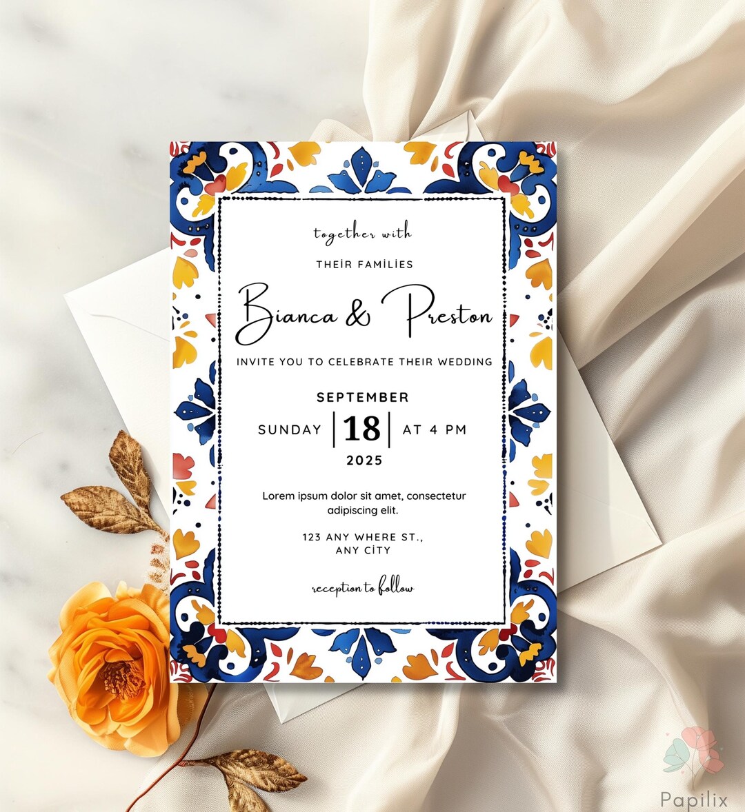 Mexican Wedding Invitation Template, Talavera Tile Border, Blue and ...