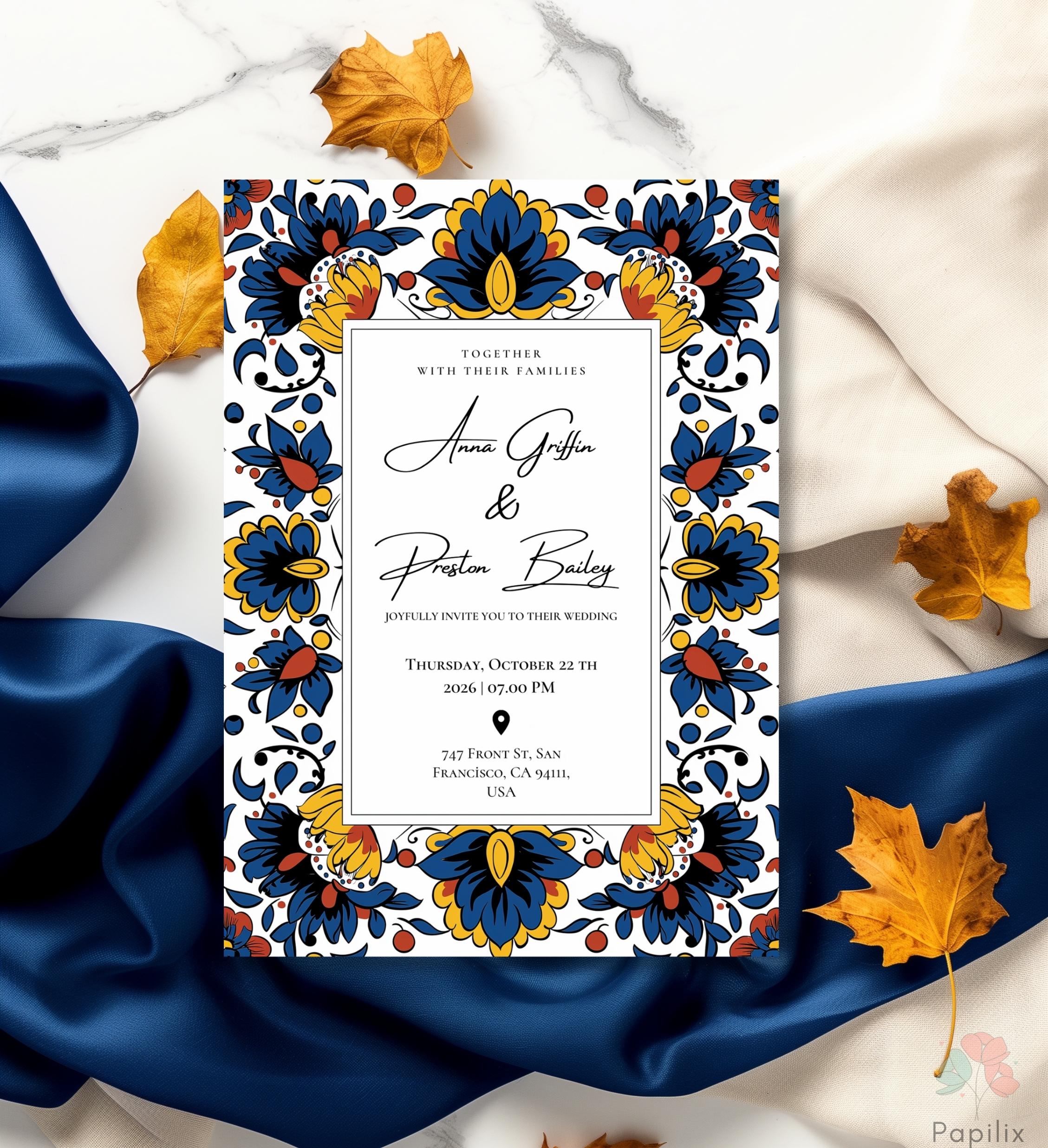 Mexican Wedding Invitation, Talavera Tile Pattern, Fiesta Invite, Red ...