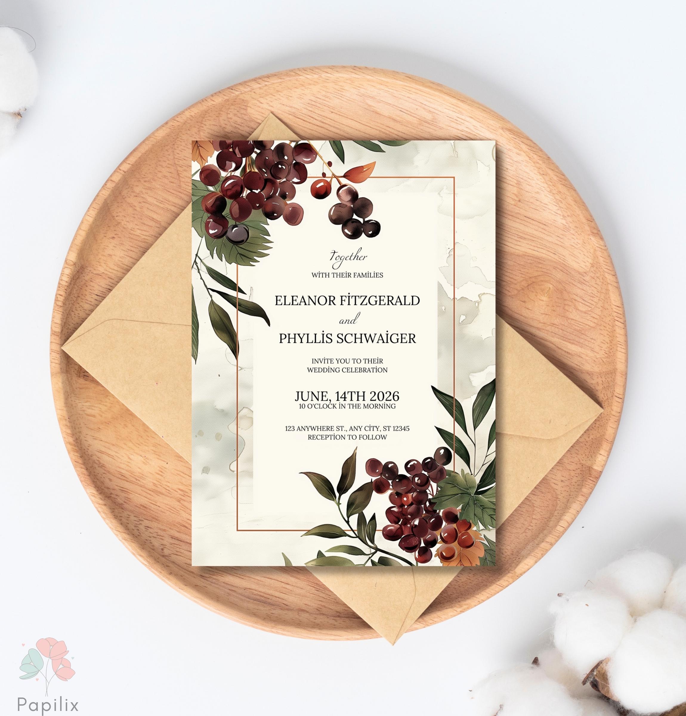 Berry Wedding Invitation Set, Italian Invite, Burgundy and Green ...