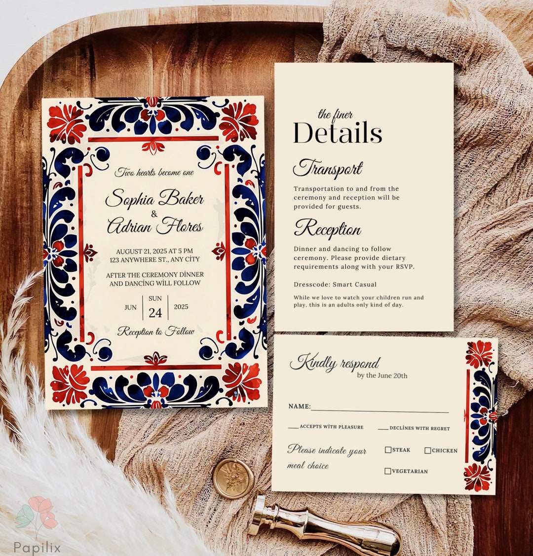 Mexican Wedding Invitation, Talavera Tile, Red & Blue Floral Invites ...