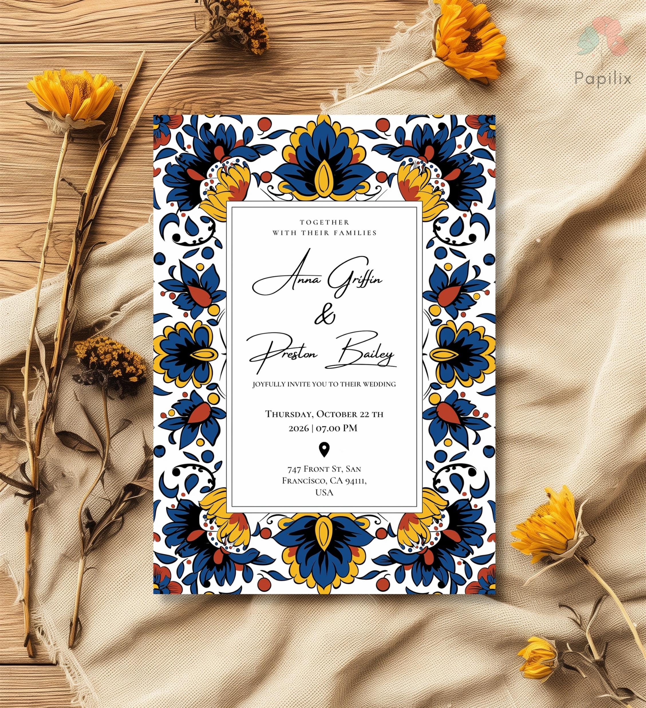 Mexican Wedding Invitation, Talavera Tile Pattern, Fiesta Invite, Red ...