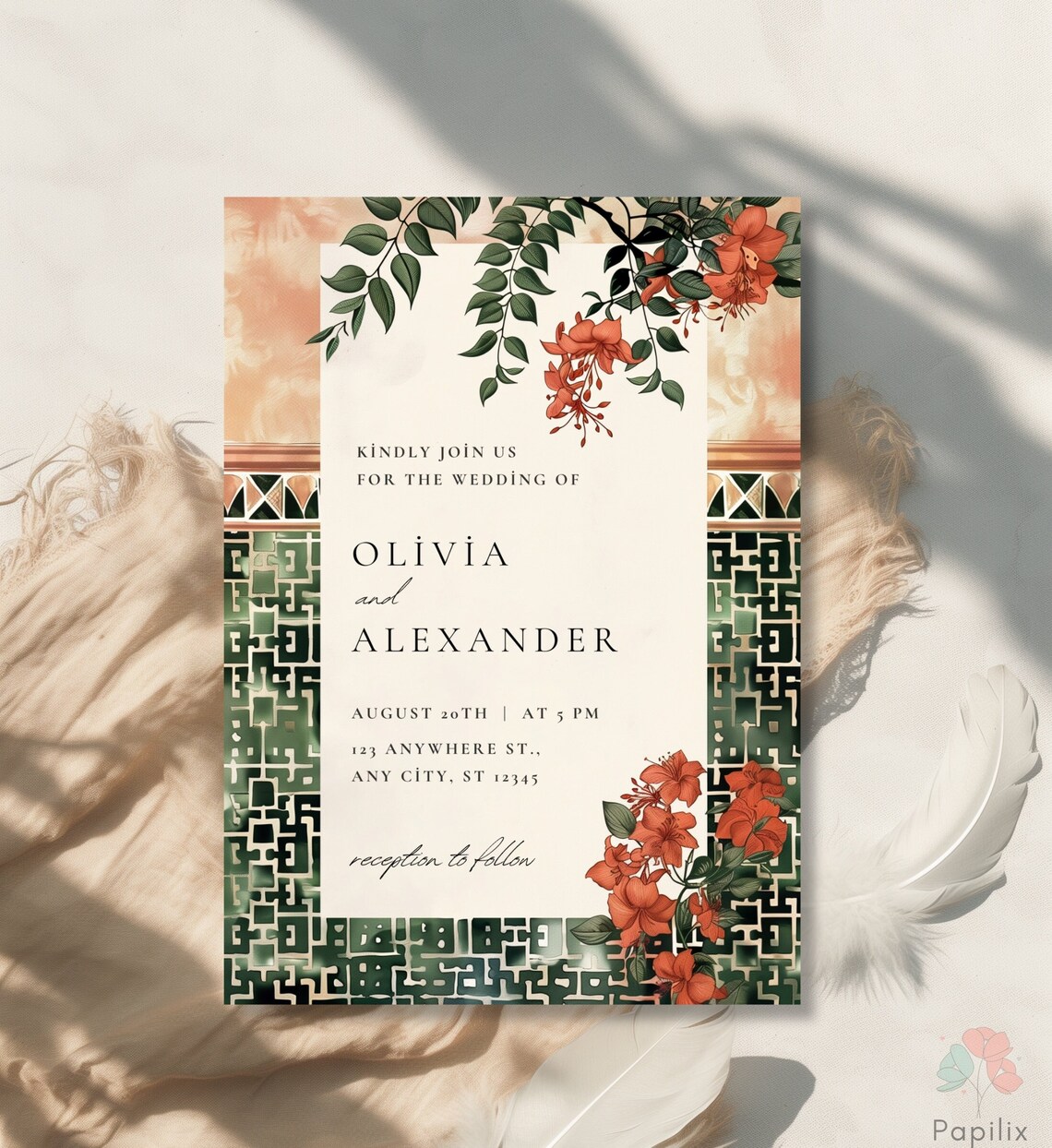Terracotta Mexican Hacienda Wedding Invitation, Talavera Tile Inspired ...