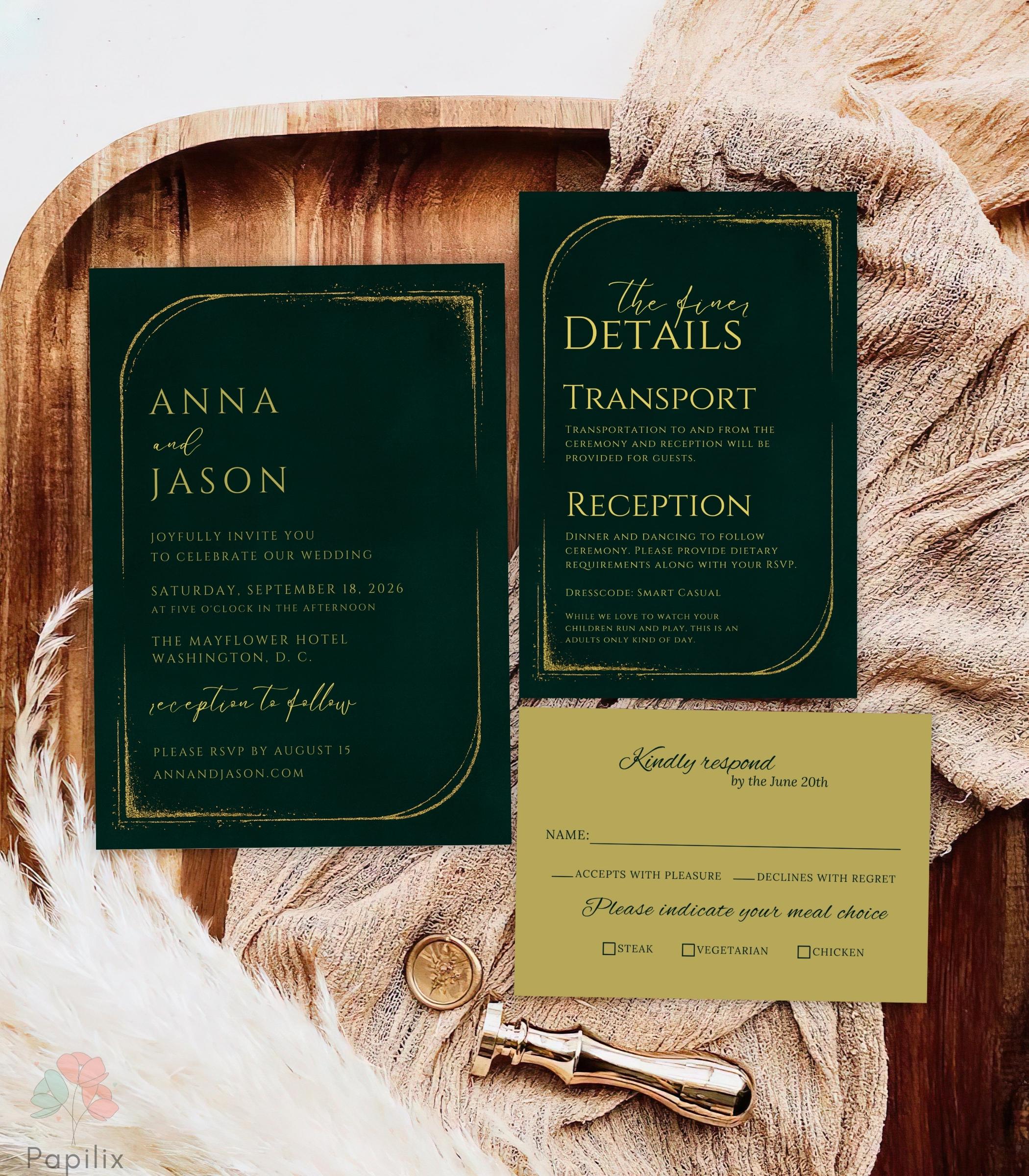 Emerald Green Wedding Invitation Template Set, Gold Foil Look Invites ...