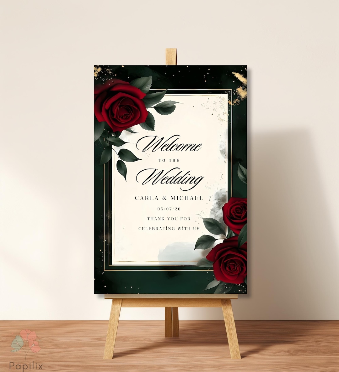 Emerald Green Welcome Sign Template, Red Rose and Gold Wedding Sign ...