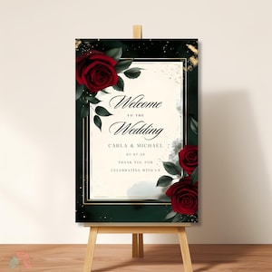 Emerald Green Welcome Sign Template, Red Rose and Gold Wedding Sign ...