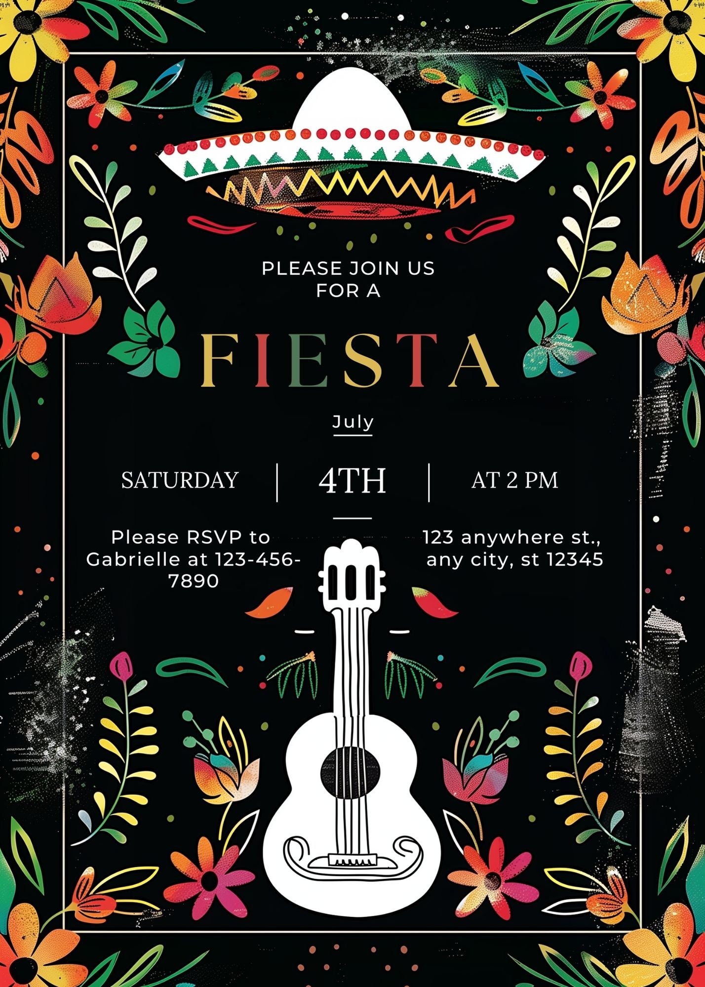 Mexican Fiesta Invitation, Sombrero and Guitar, Colorful Floral, Fiesta ...