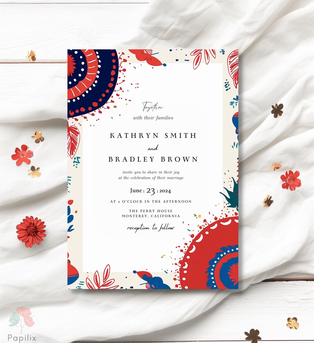 Mexican Fiesta Wedding Invitation Template, Talavera Tile Inspired Red ...