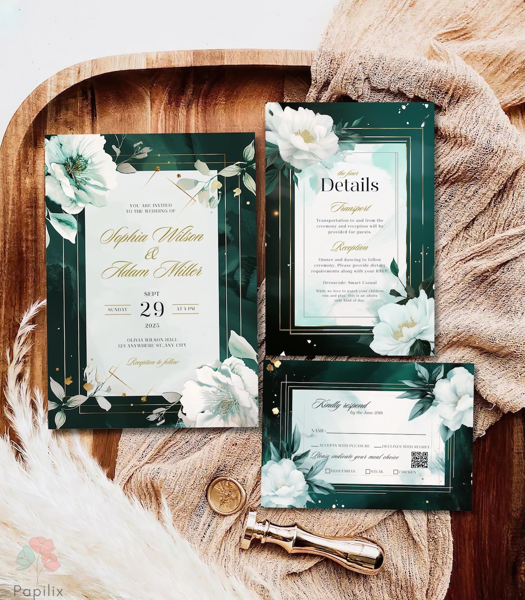 Emerald Green Wedding Invitation Set, White Floral Invite, Dark Green ...