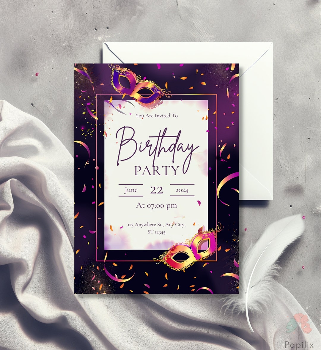 Masquerade Birthday Party Invitation, Purple and Gold Invite, Elegant ...