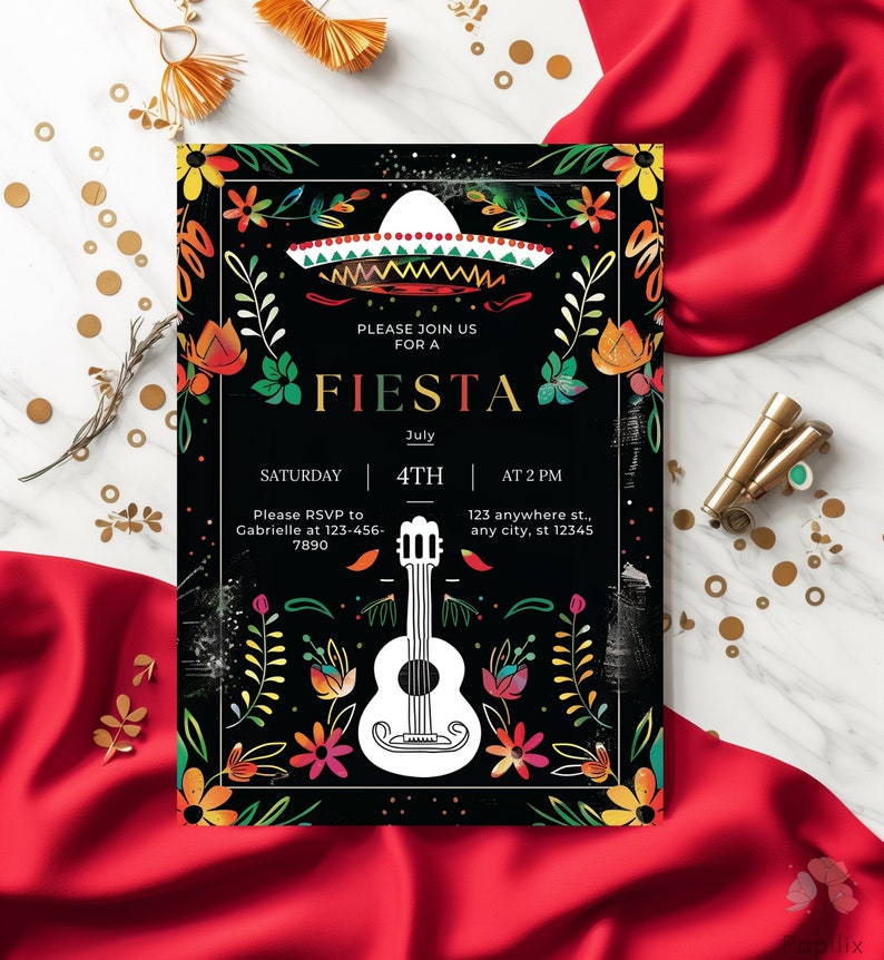 Mexican Fiesta Invitation, Sombrero and Guitar, Colorful Floral, Fiesta ...