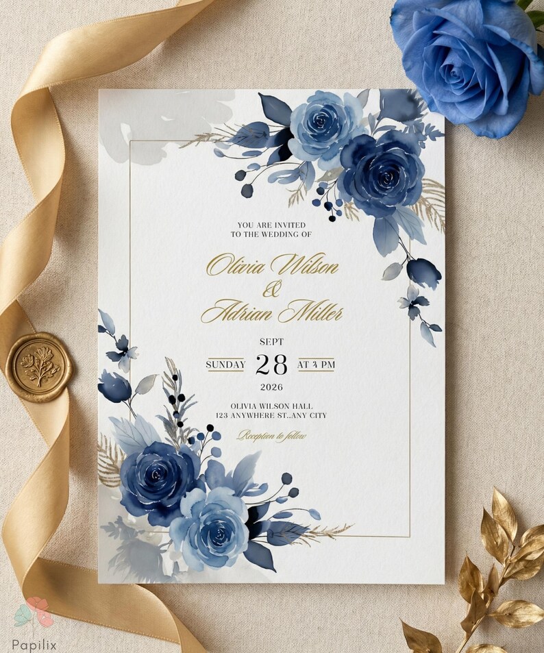 Dusty Blue Wedding Invitation Set With RSVP and Details Card: Slate ...