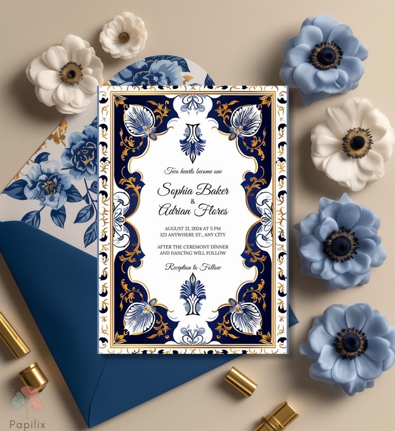 Mexican Wedding Invitation, Talavera Tile Inspired Invite, Blue and ...