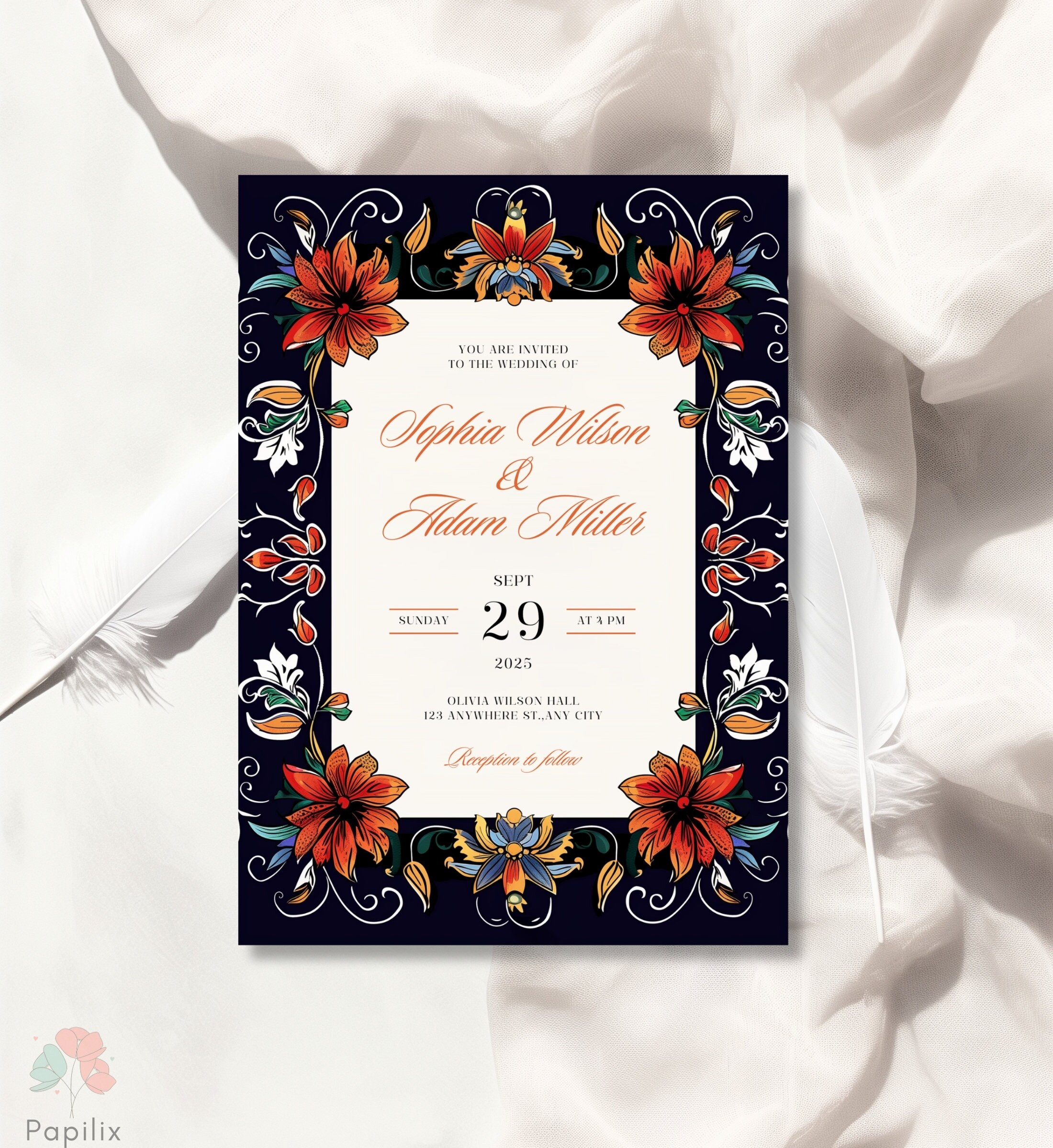 Floral Mexican Wedding Invitation Template, Navy and Orange Talavera ...