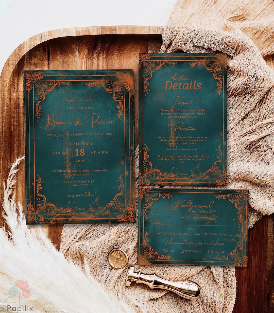 Teal and Copper Wedding Invitation Template, Vintage Ornate Invites ...