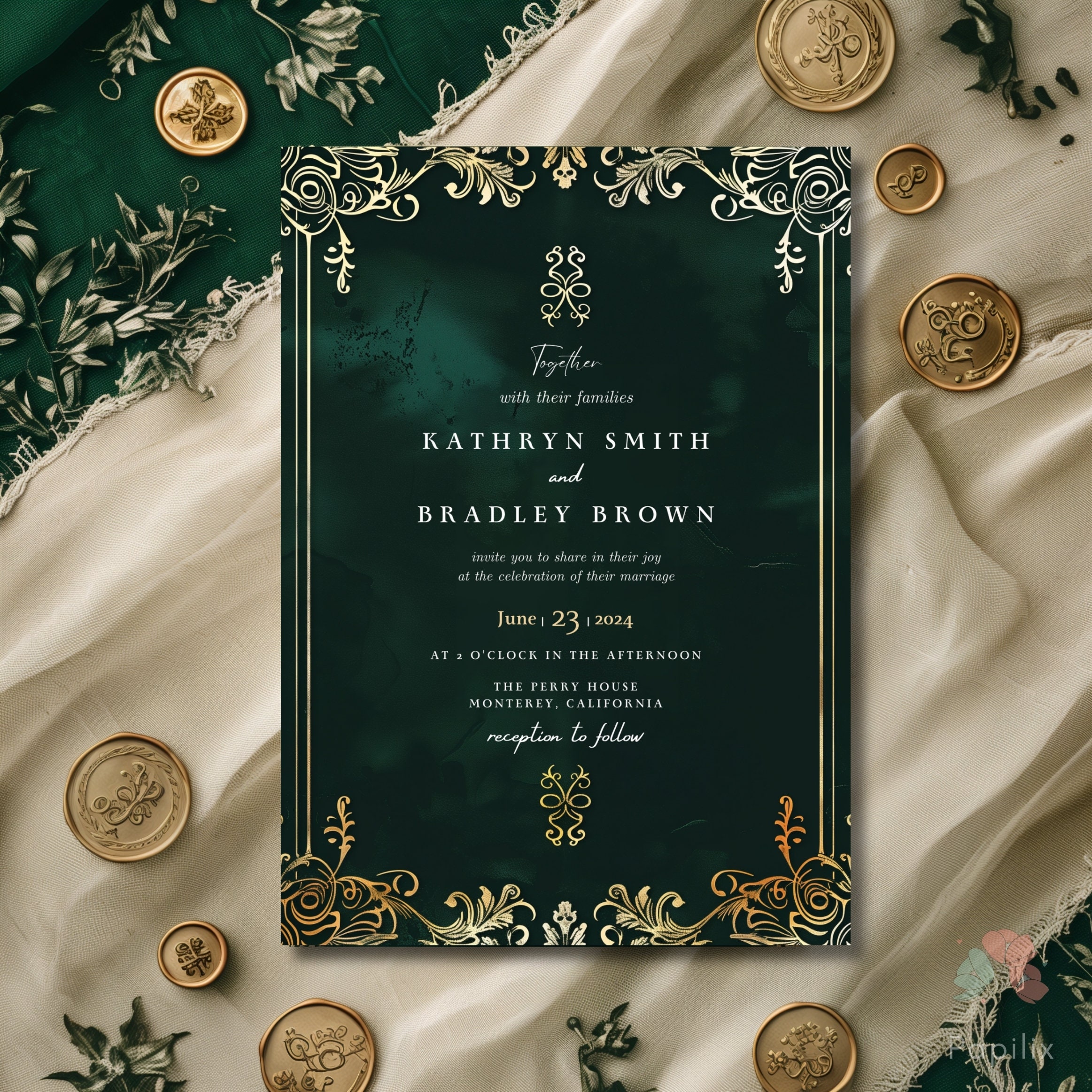 Emerald Green and Gold Wedding Invitation, Elegant Dark Green Floral ...