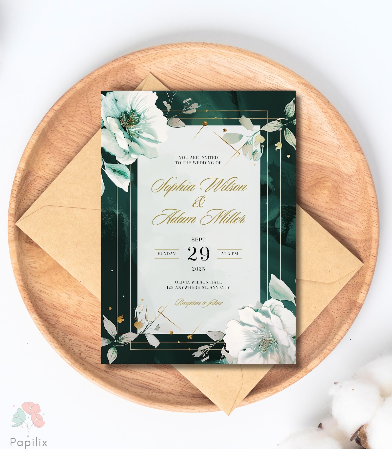 Emerald Green Wedding Invitation Set, White Floral Invite, Dark Green ...