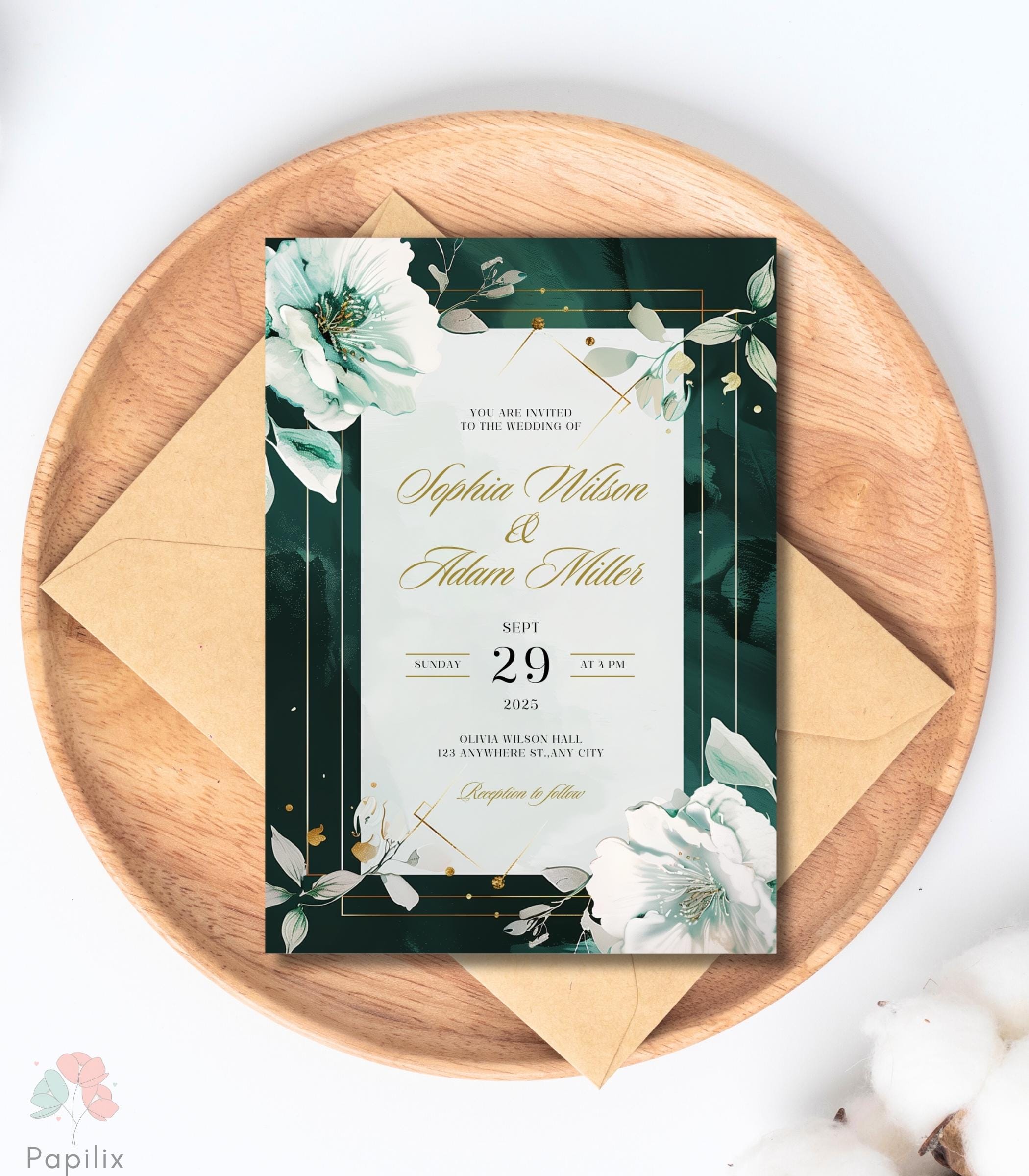 Emerald Green Wedding Invitation Set, White Floral Invite, Dark Green ...