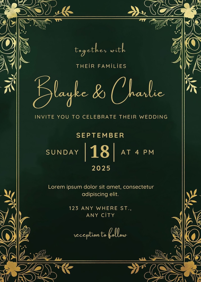 Emerald Green and Gold Wedding Invitation, Elegant Floral Invites ...