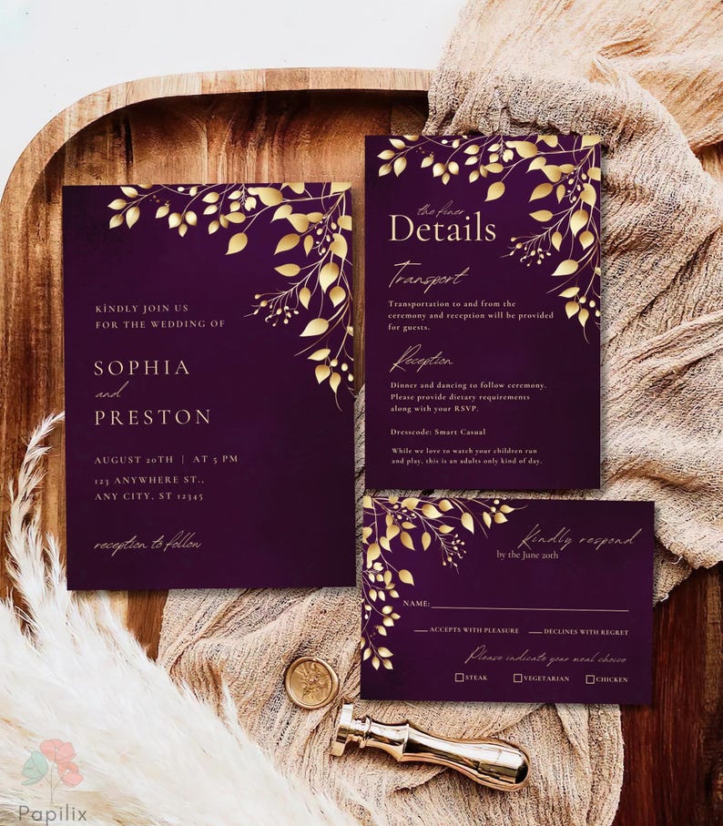 Dark Purple and Gold Wedding Invitation Template, Elegant Invites ...