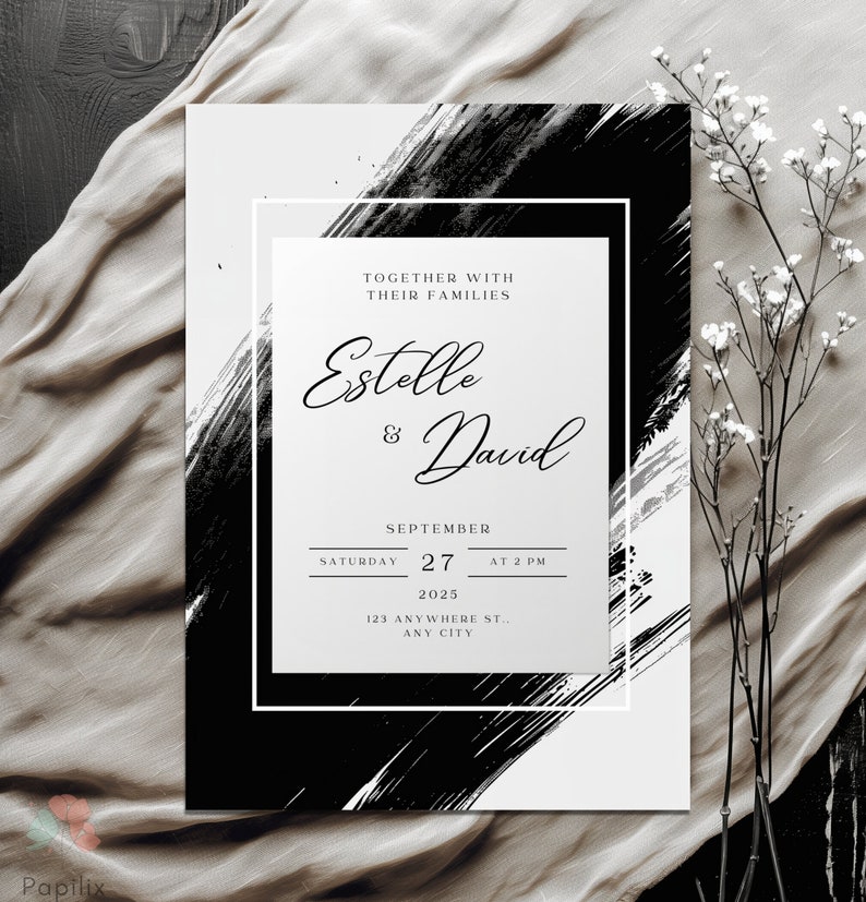 Modern Black and White Wedding Invitation, Minimalist Invite, Abstract Brushstroke Design ...