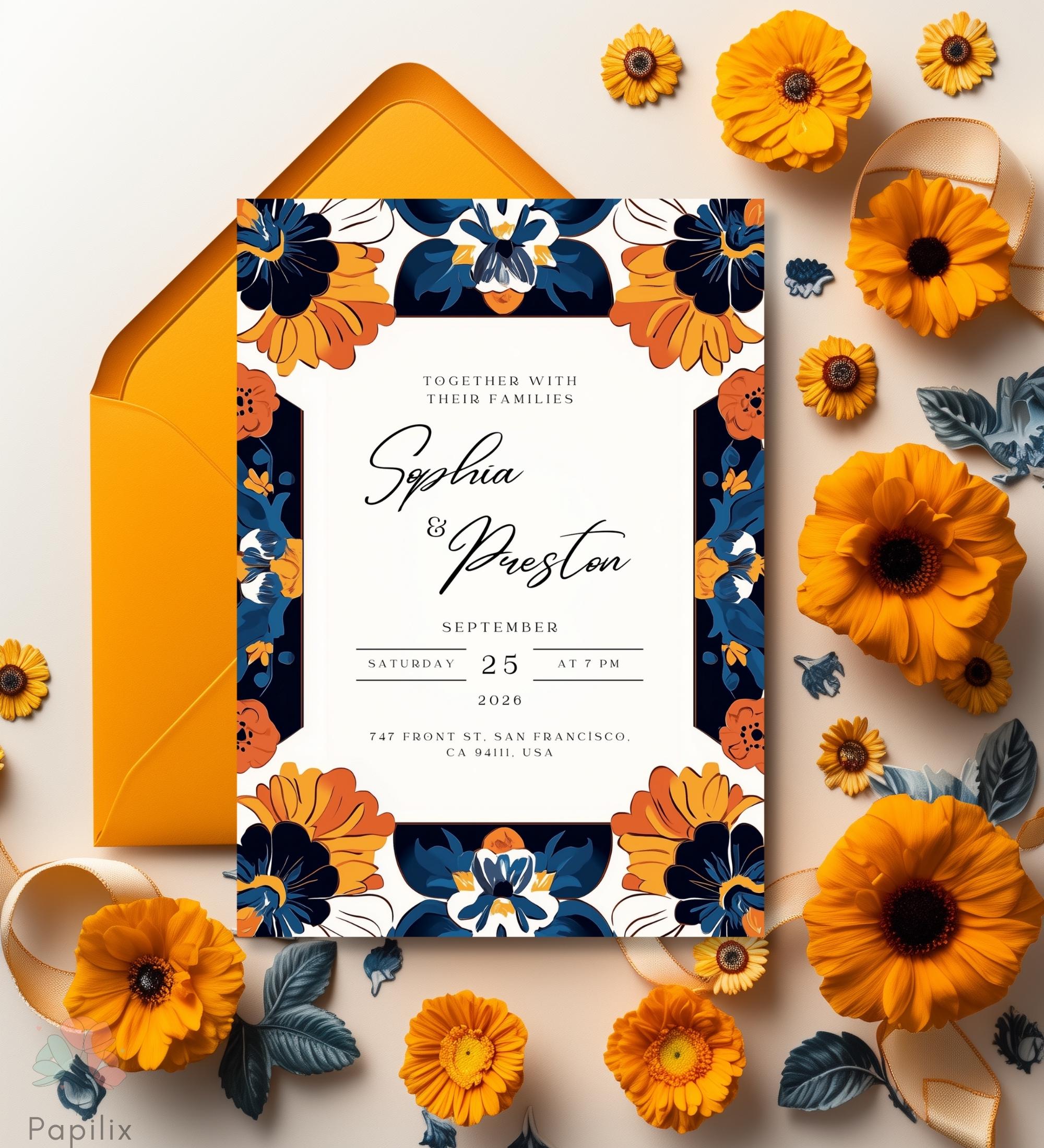 Mexican Wedding Invitation, Talavera Tile Inspired Invites, Blue and ...